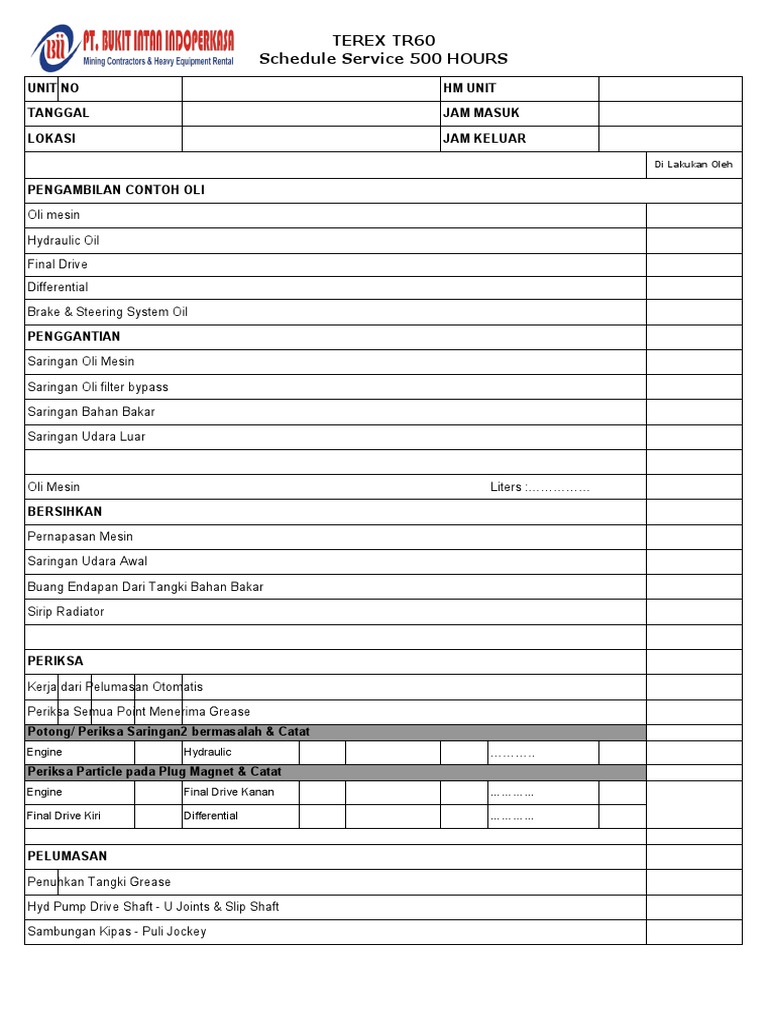 Service Sheet Terex TR60 500 Hours | PDF