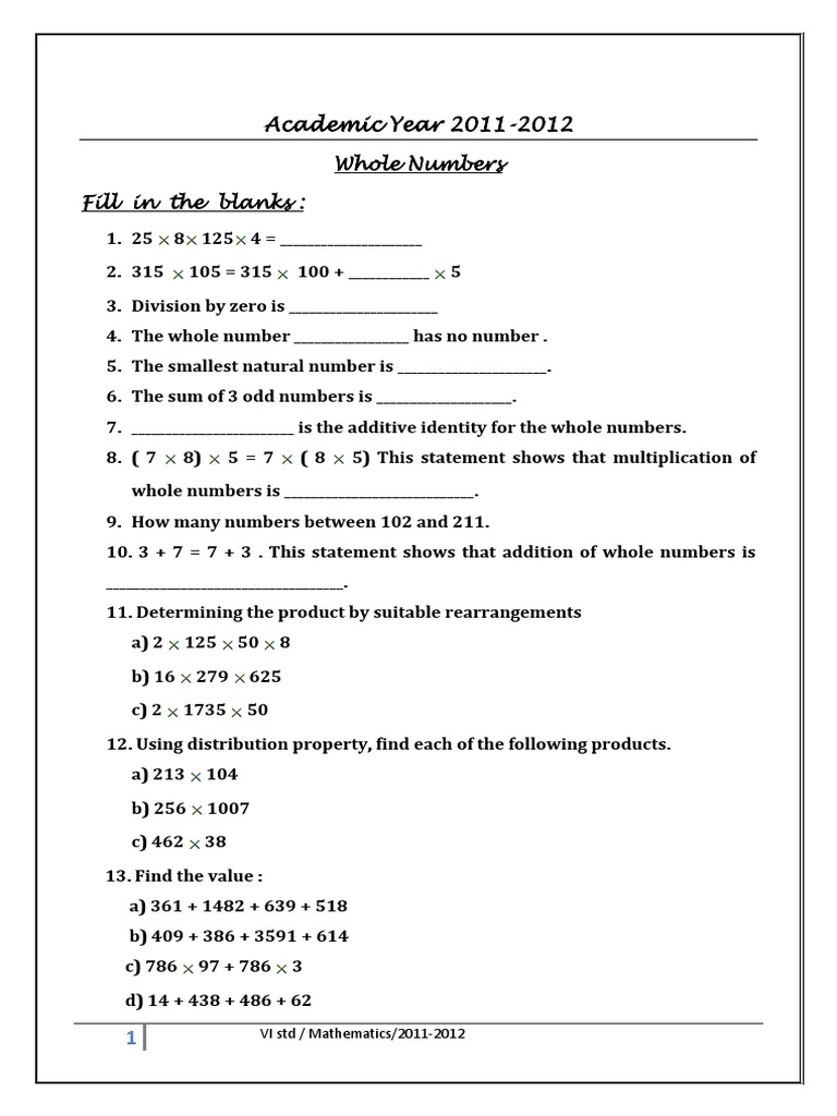 CBSE Class 6 Whole Numbers Worksheet | PDF | Mathematical Objects ...