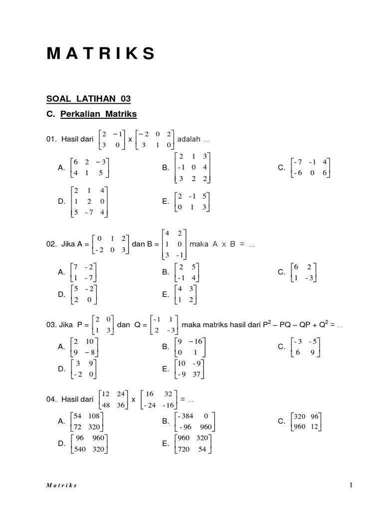 Soal Latihan Perkalian Matriks Kelas 11 | PDF