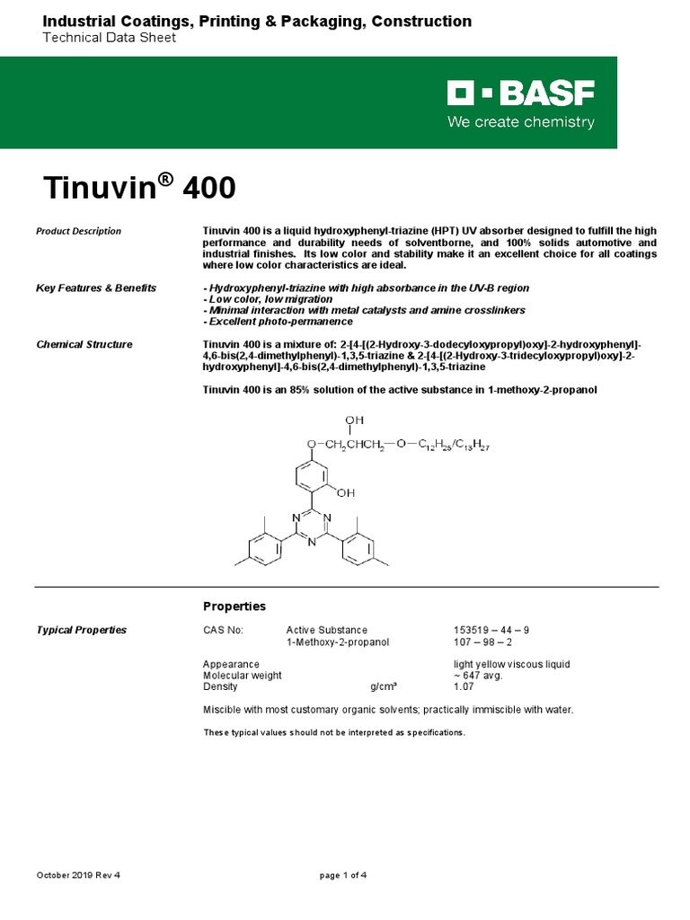 Tinuvin 400 October 2019 R4 IC PP | PDF | Ultraviolet | Solution