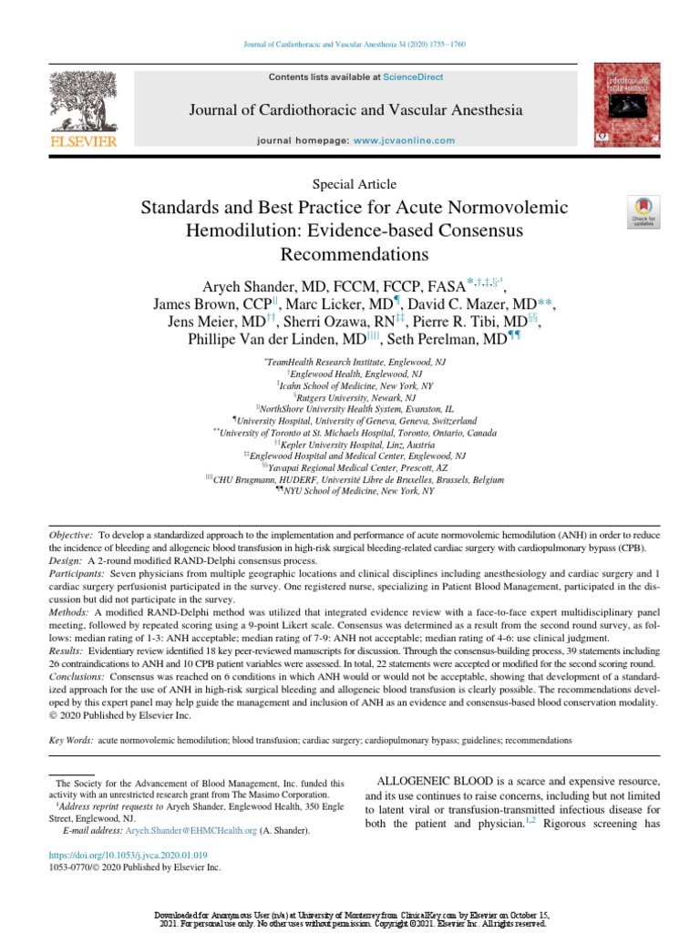 Standards and Best Practice For Acute Normovolemic Hemodilution ...