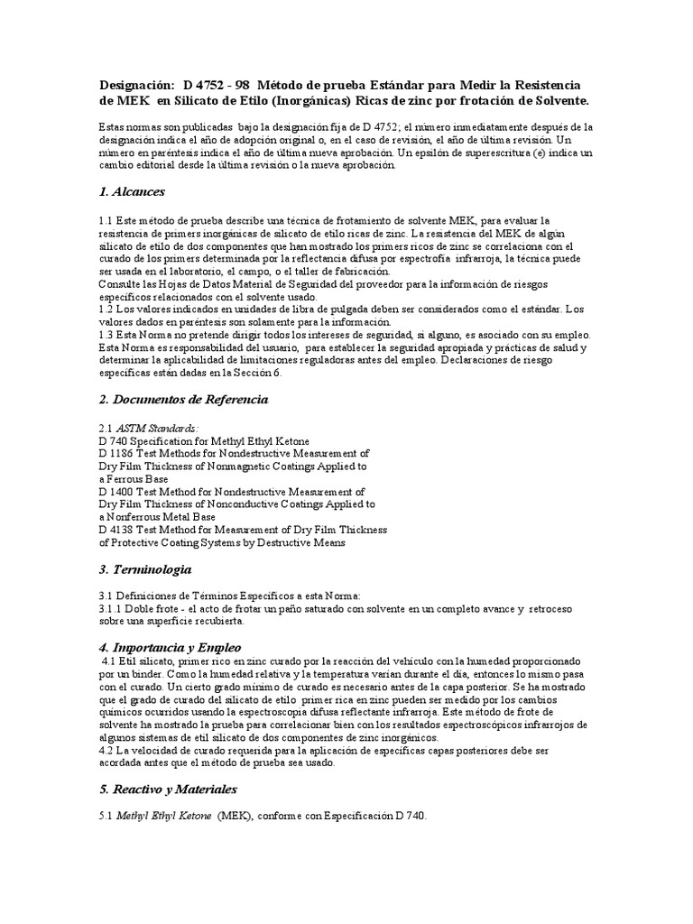 D4752-98 Medida de Resistencia Del Ethyl Silicate (Inorganico) Primer ...