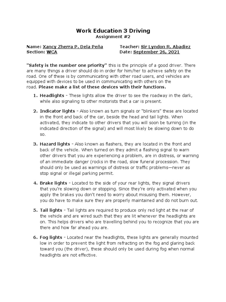 Dela Peña - Driving Assignment 2 | PDF | Headlamp | Safety