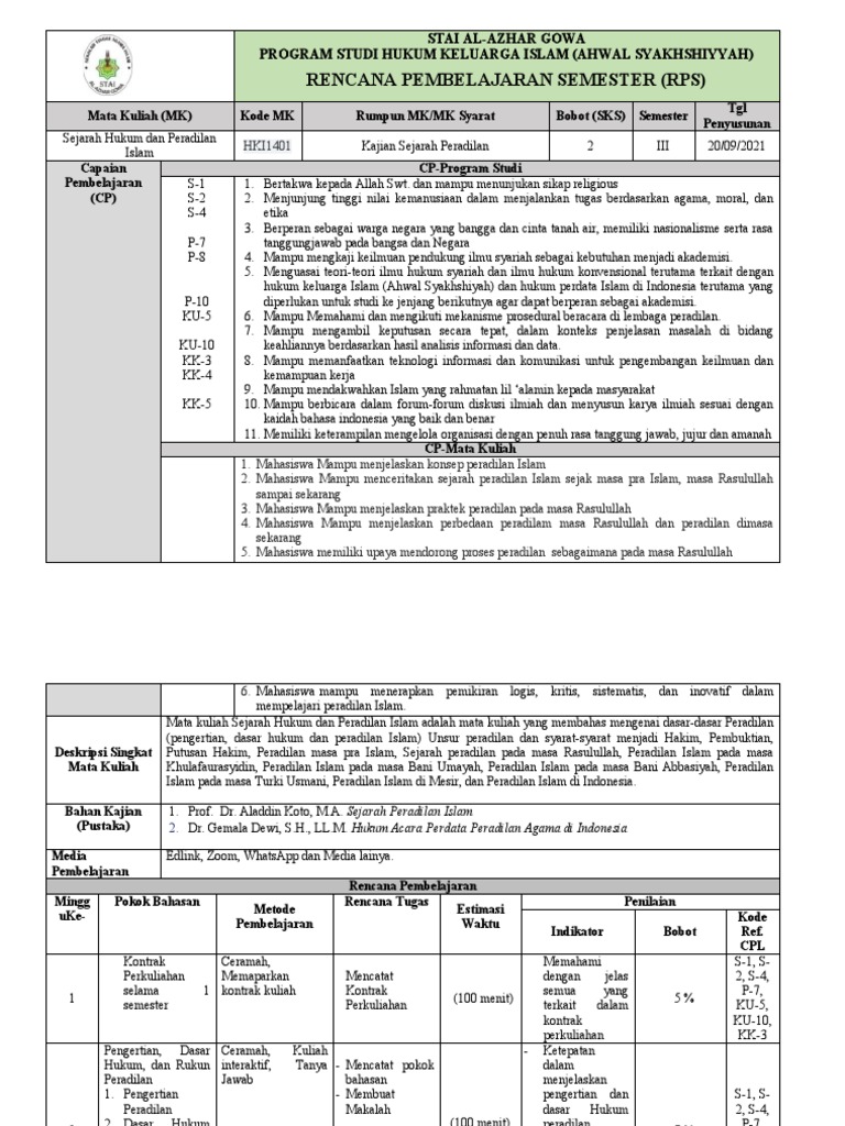 RPS Sejarah Hukum Dan Peradilan Islam 2021 Ganjil Polman | PDF