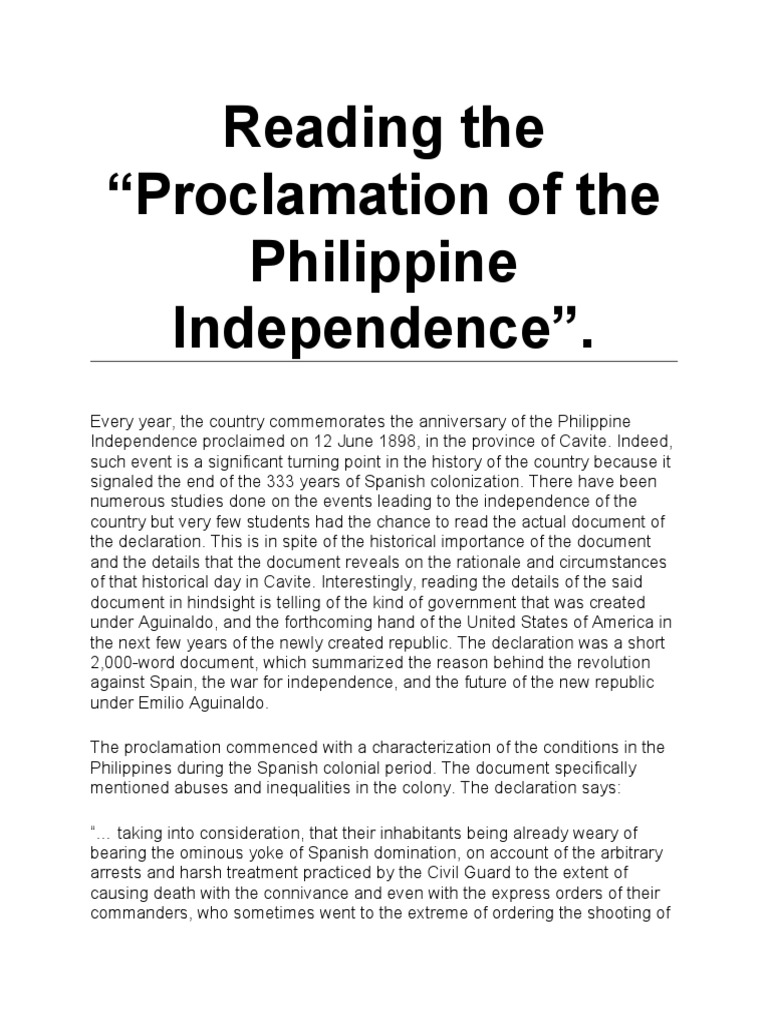 Reading The "Proclamation of The Philippine Independence | PDF ...