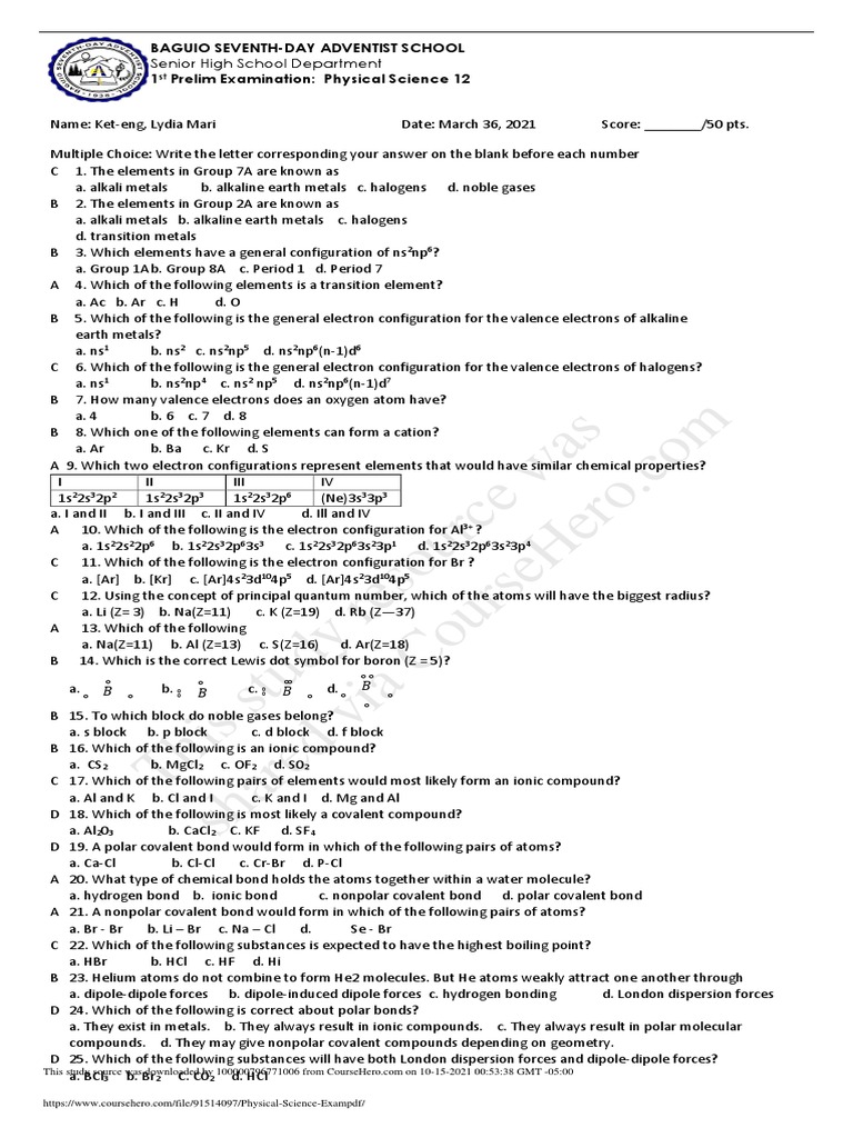 Physical Science Exam PDF | PDF | Chemical Bond | Chemical Polarity