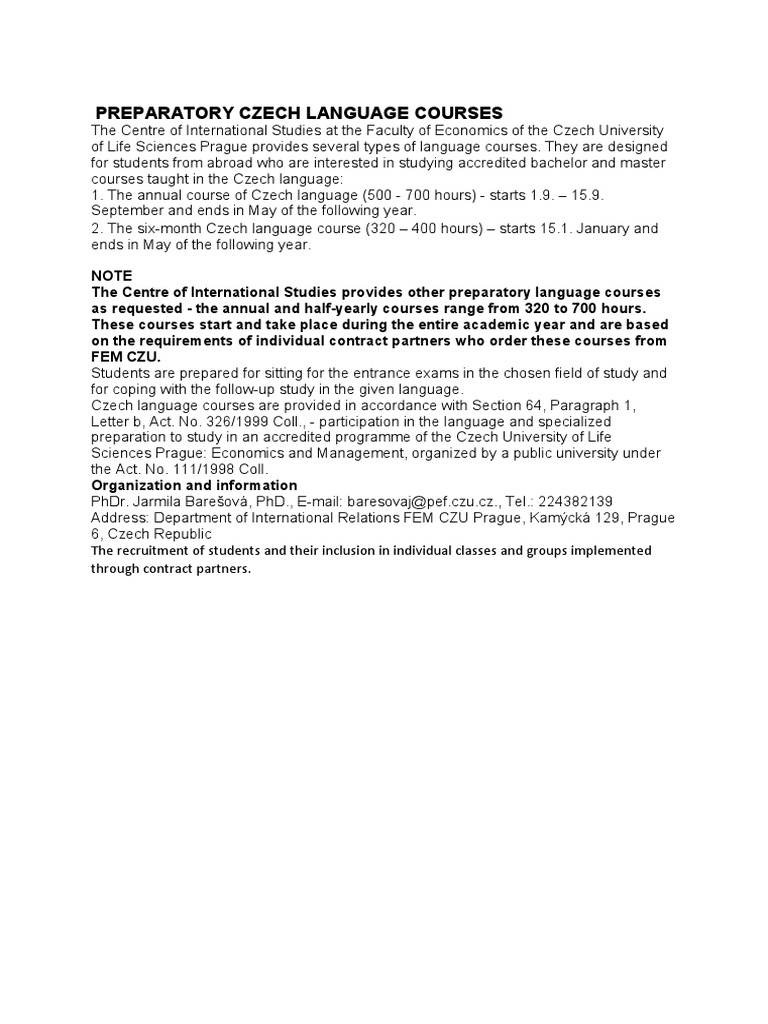 Preparatory Czech Language Courses | PDF