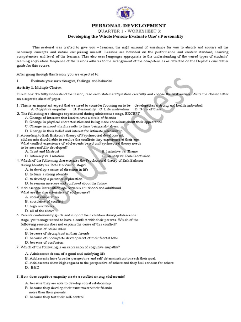 Perdev Worksheet 3 | PDF | Adolescence | Feeling