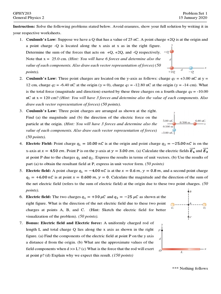 Problem Set 1 - Physics | PDF | Electric Field | Force