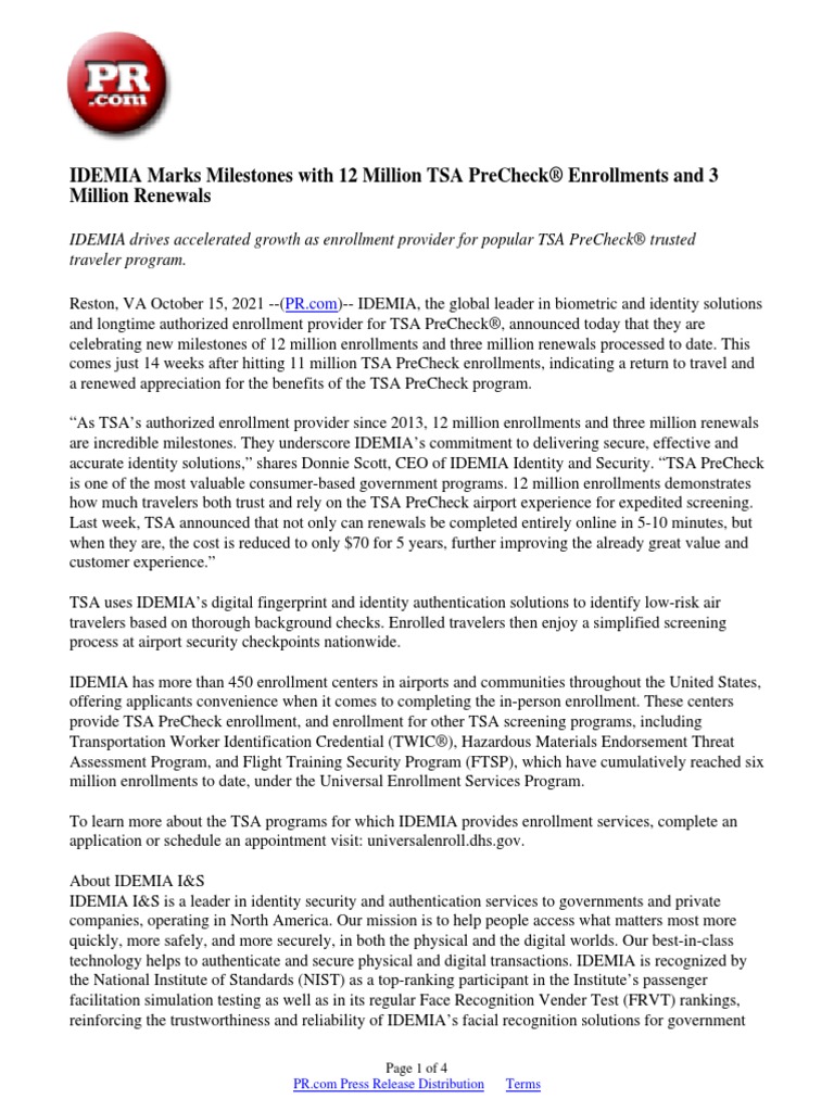 IDEMIA Marks Milestones With 12 Million TSA PreCheck® Enrollments and 3 ...