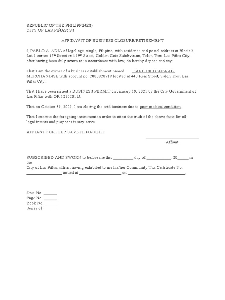 1 - Affidavit of Business Closure - Lgu | PDF