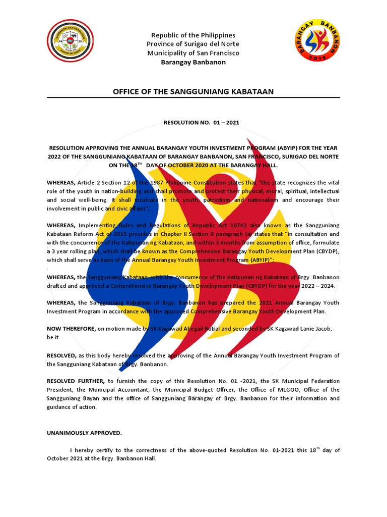 Office of The Sangguniang Kabataan: Barangay Banbanon | PDF ...