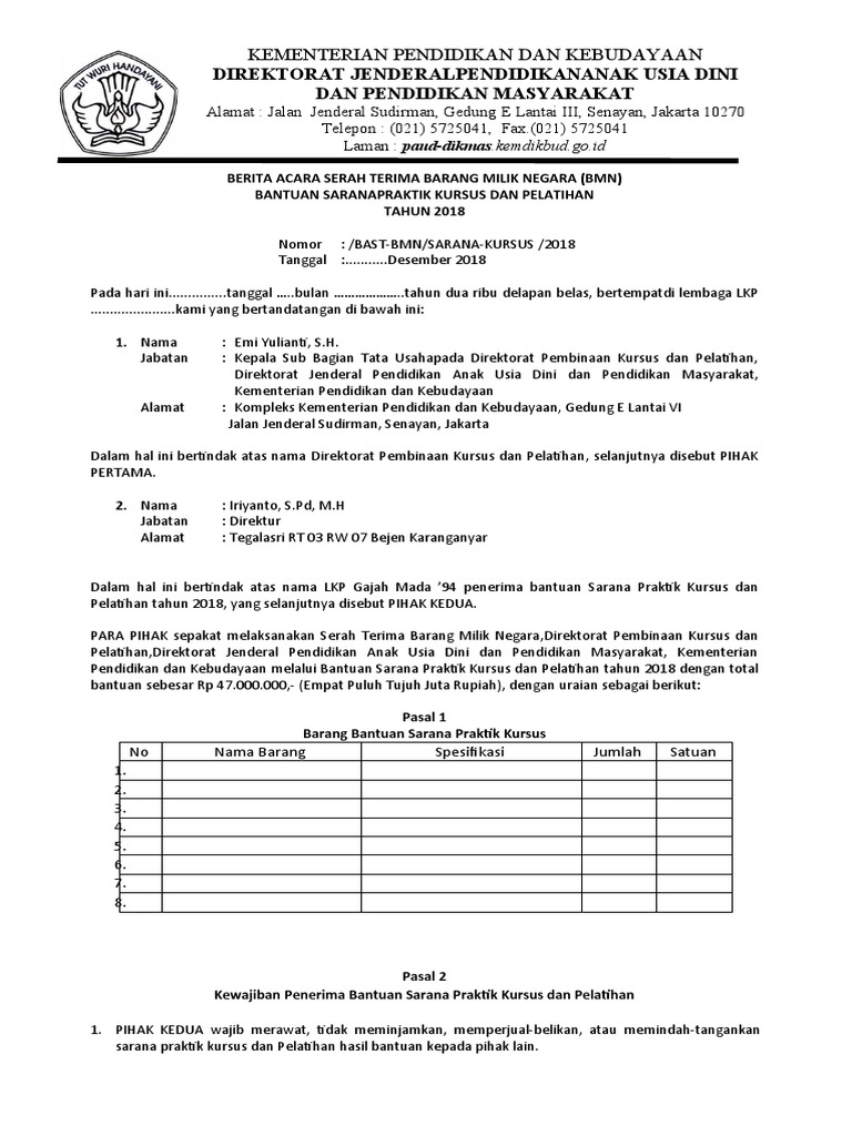 Berita Acara Serah Terima Barang (BMN) - 2018 | PDF