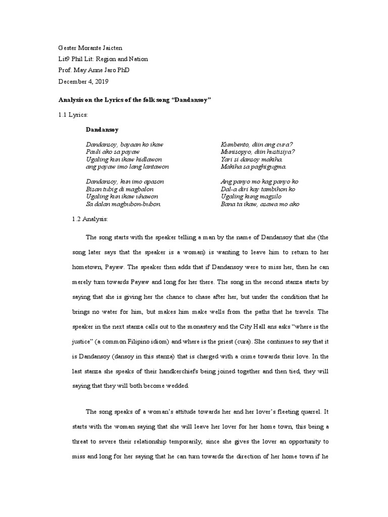 Analysis On The Lyrics of The Folk Song "Dandansoy" | PDF