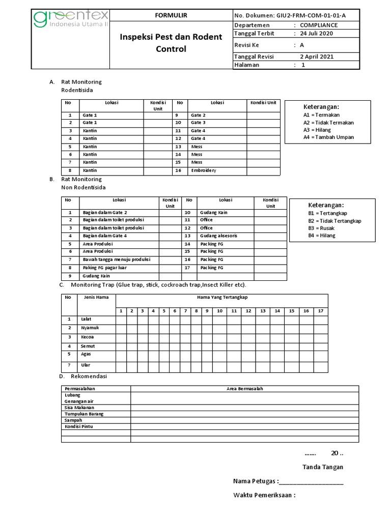 GIU2-FRM-COM-01-01 - Ceklist Inspeksi Pest & Rodent Control Gedung A | PDF