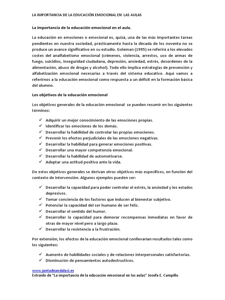 La Importancia De La Educación Emocional En El Aula Pdf Las