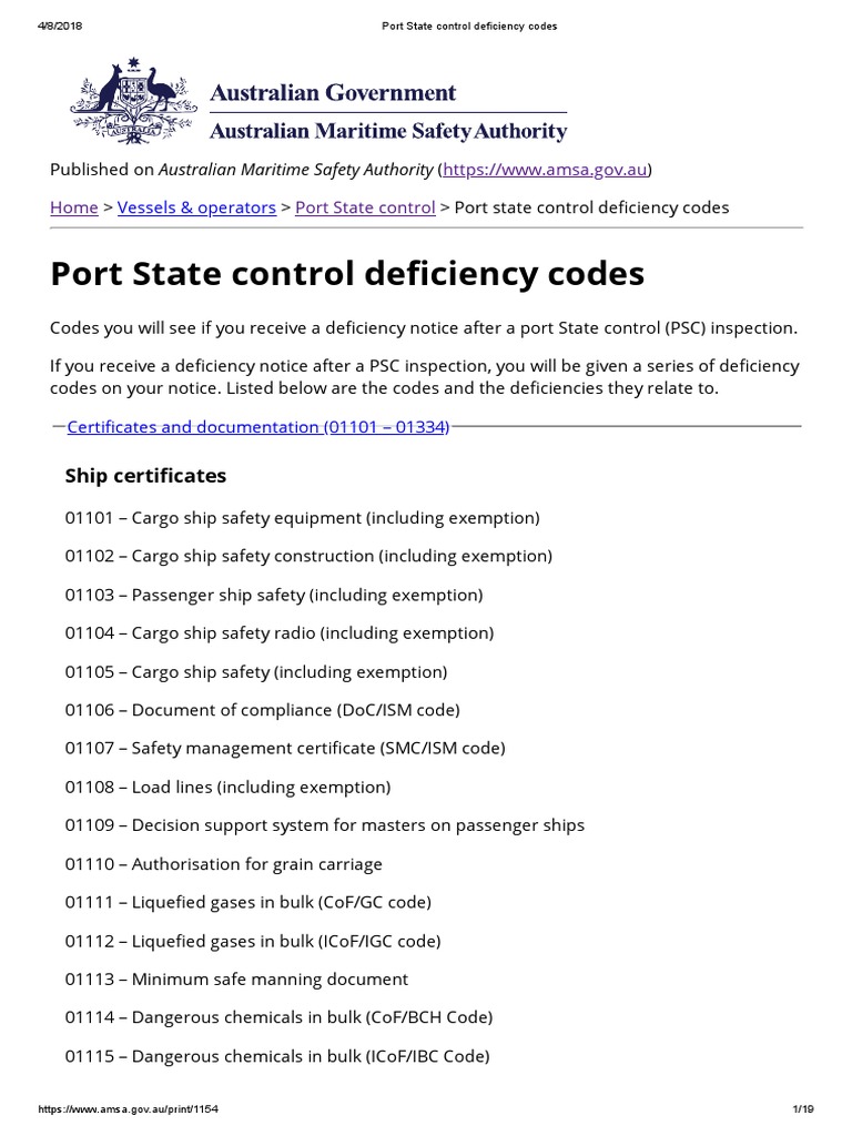 Port State Control Deficiency Codes | PDF | Water Transport