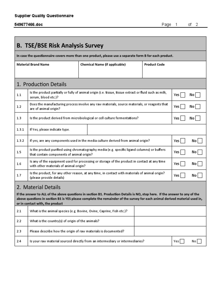 B. TSE/BSE Risk Analysis Survey: 1. Production Details | PDF ...