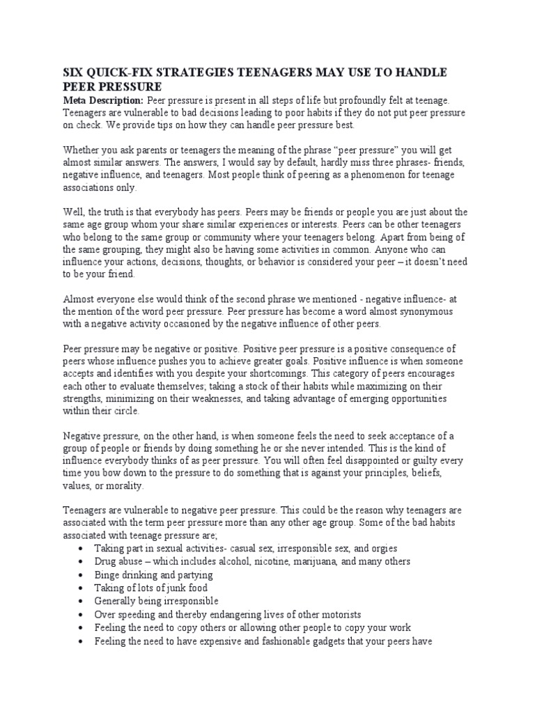 Six Quick-Fix Strategies Teenagers May Use To Handle Peer Pressure ...