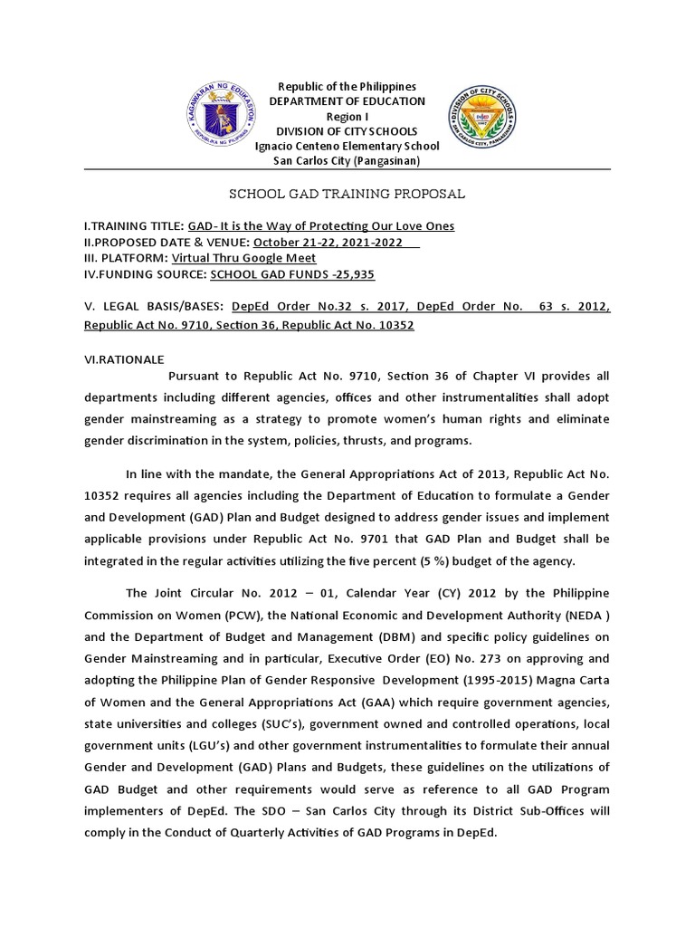 GAD Training Proposal for Teachers | PDF | Gender Mainstreaming ...