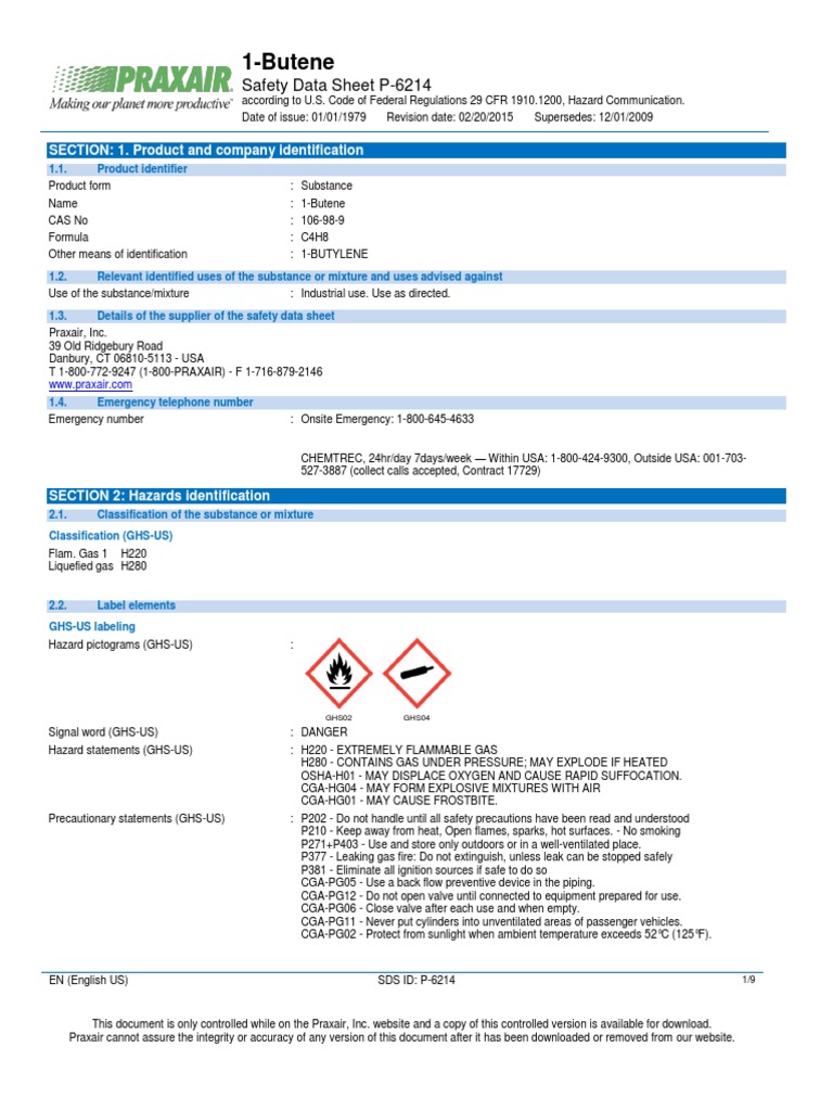 1 Butene C4H8 Safety Data Sheet SDS P6214 | Download Free PDF ...