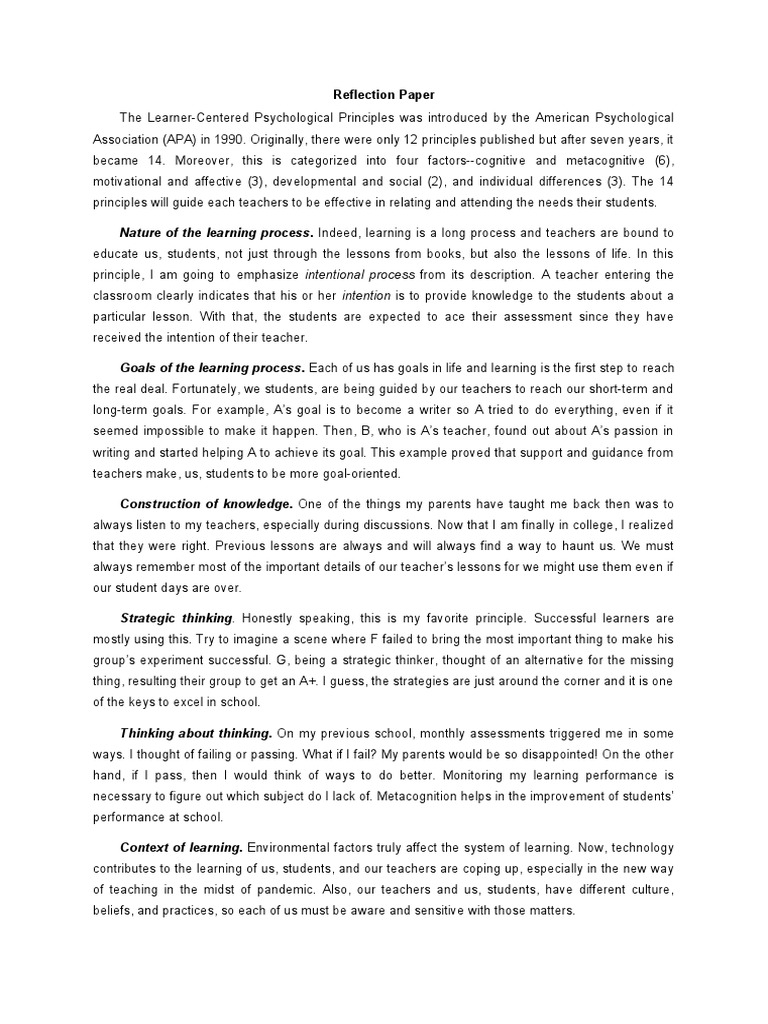 LCP Reflection Paper | PDF | Teachers | Learning