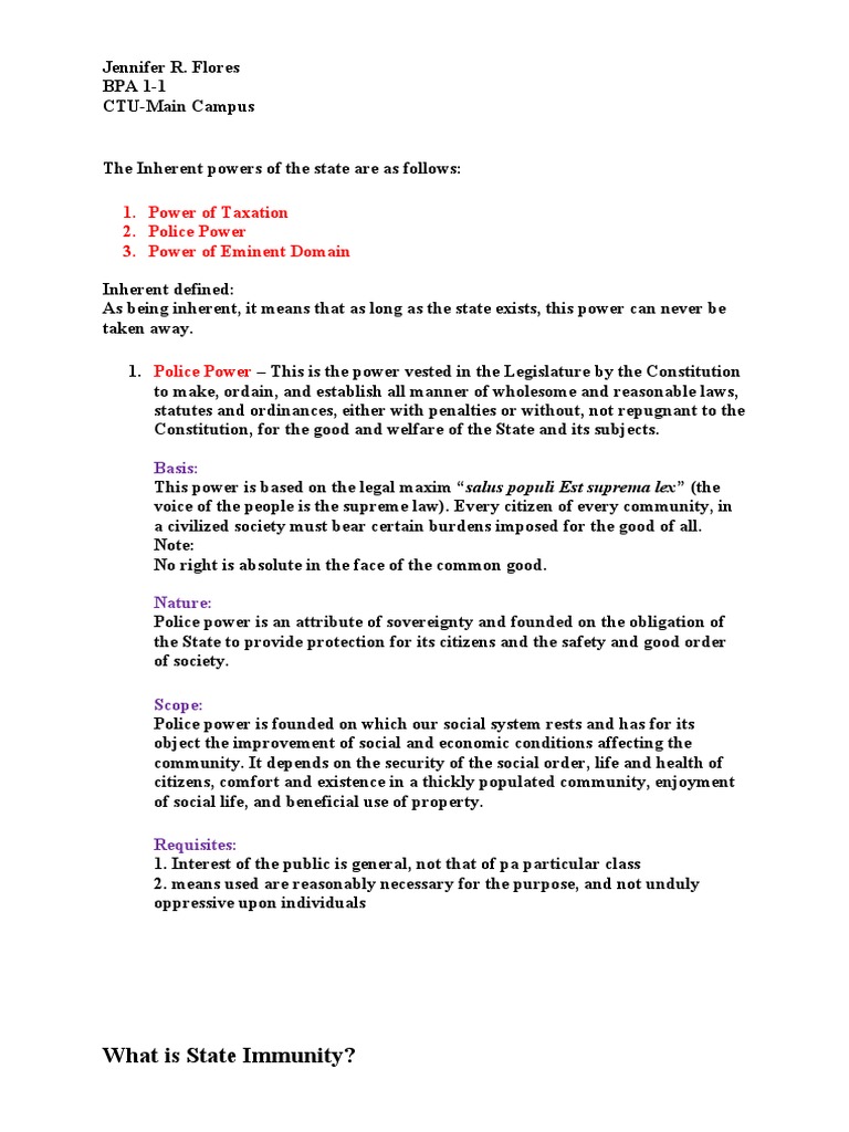 Inherent State Powers and Immunity Explained | PDF | Sovereign Immunity ...