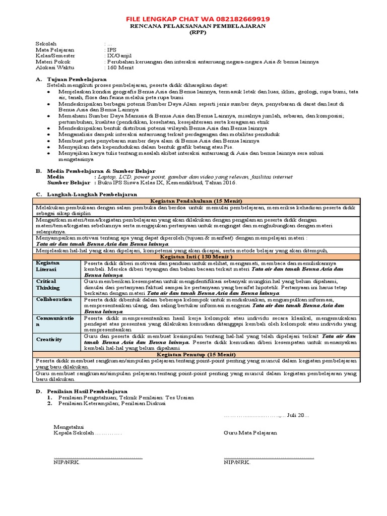 Contoh RPP 1 Lembar IPS Kelas 9 | PDF