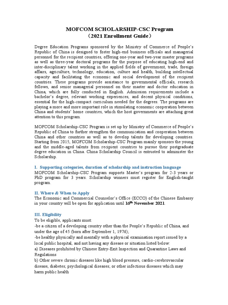 38-2021 MOFCOM Scholarship CSC Program China Scholarship Council | PDF ...