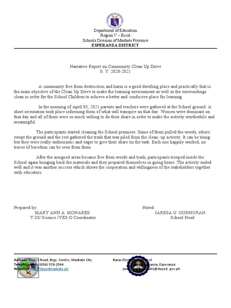 Narrative Report On Community Clean Up Drive | PDF | Human Nature ...