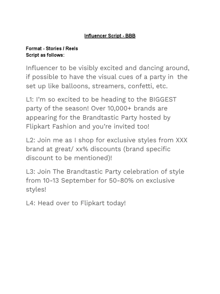 Influencer Script - BBB Format - Stories / Reels Script As Follows | PDF