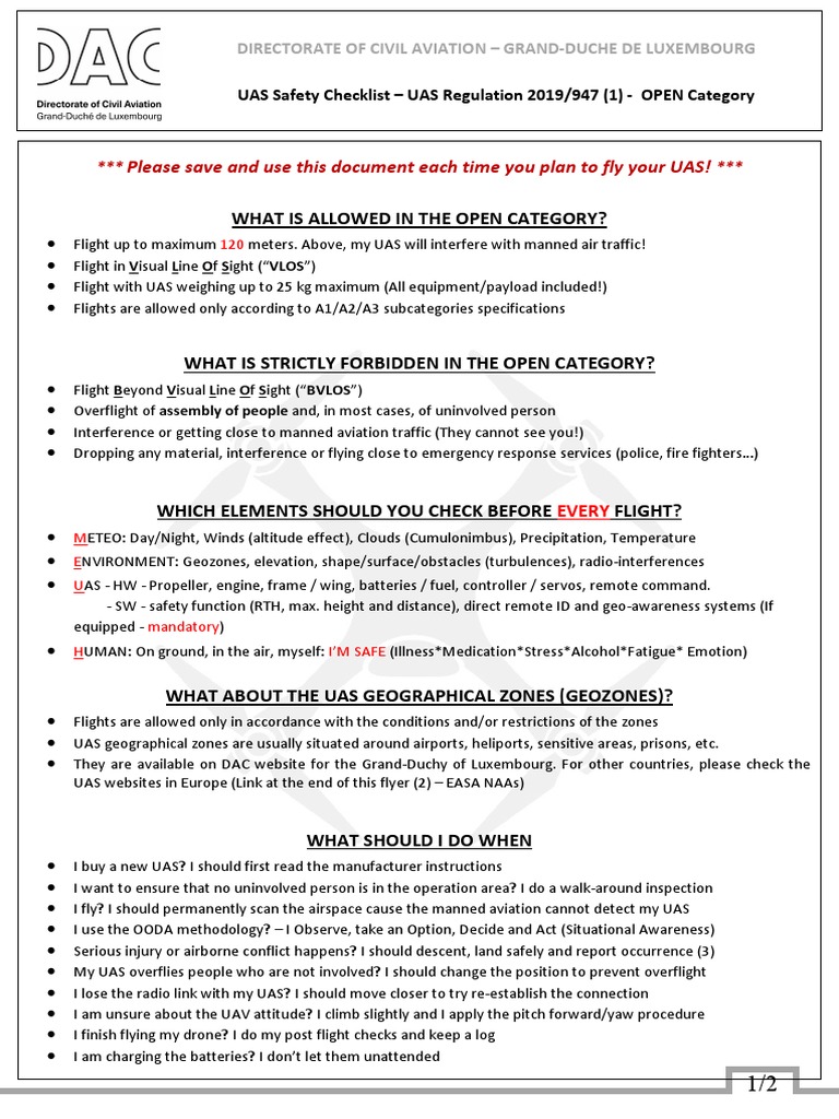 UAS Safety Checklist: Open Category Guide | PDF | Unmanned Aerial ...