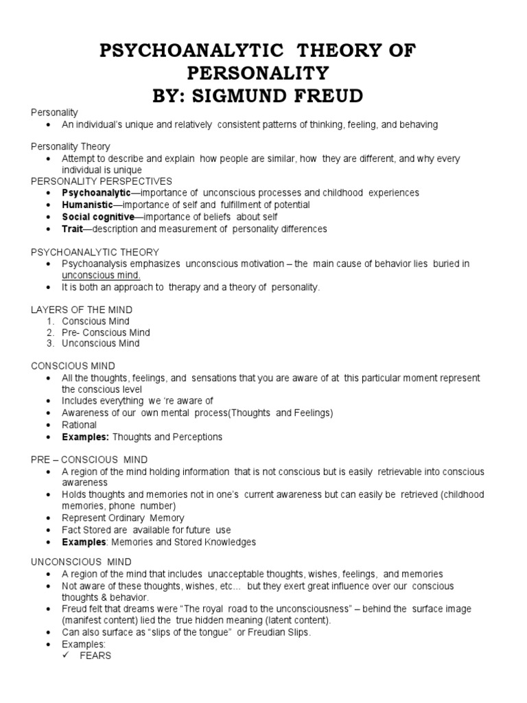 Psychoanalytic Theory of Personality | PDF | Id | Thought
