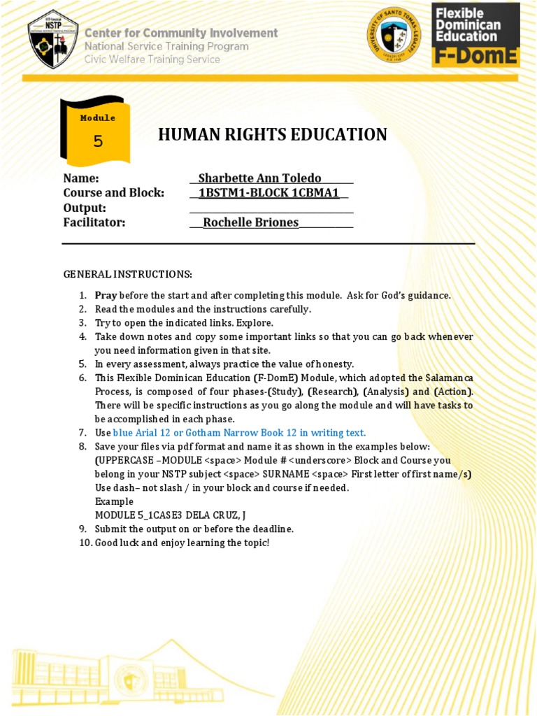 Answer Sheet-Module 5 - Human Rights Education - TOLEDO | PDF | Rights ...