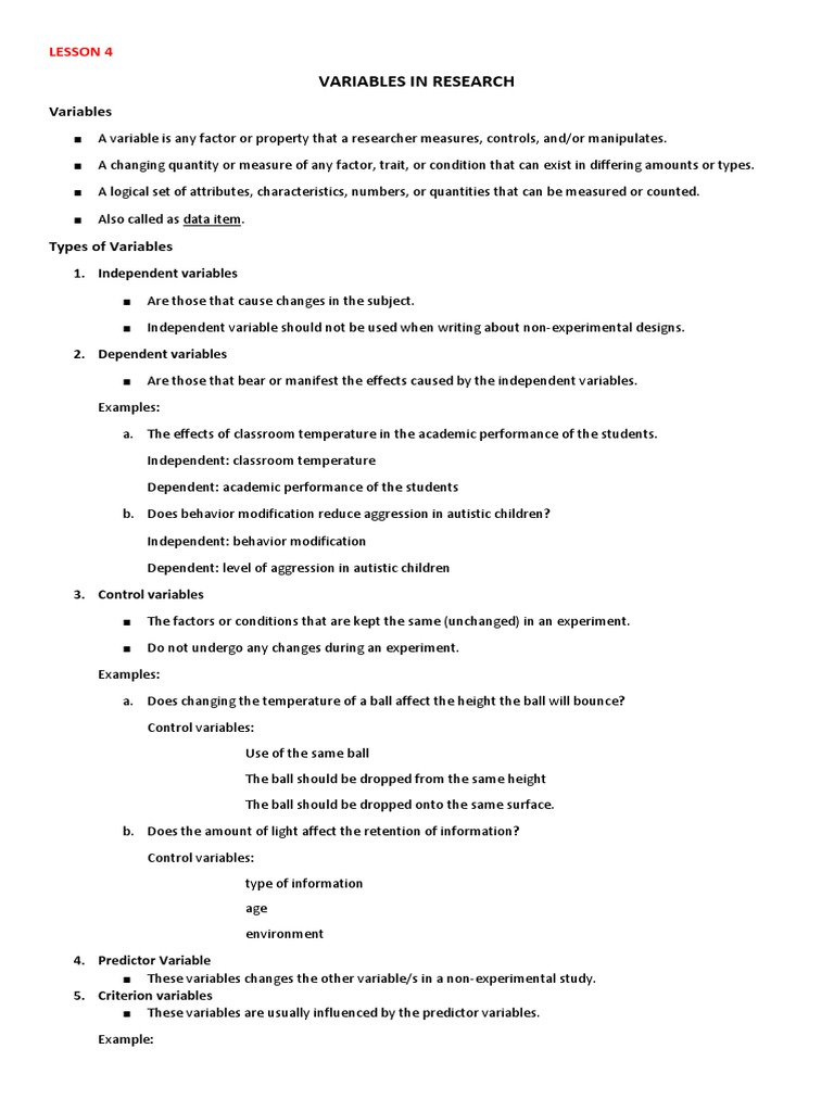 PR2 LESSON 4 Variables in Research | PDF | Dependent And Independent Variables | Experiment