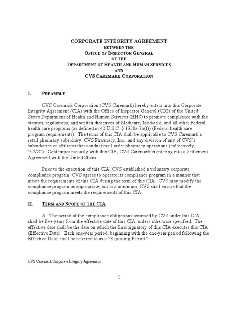 CVS Caremark Corporate Integrity Agreement With DOJ and HHS OIG | PDF ...