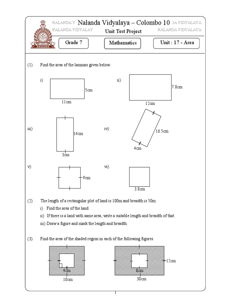 Nalanda Vidyalaya - Colombo 10: Grade 7 Unit Test Project Mathematics ...