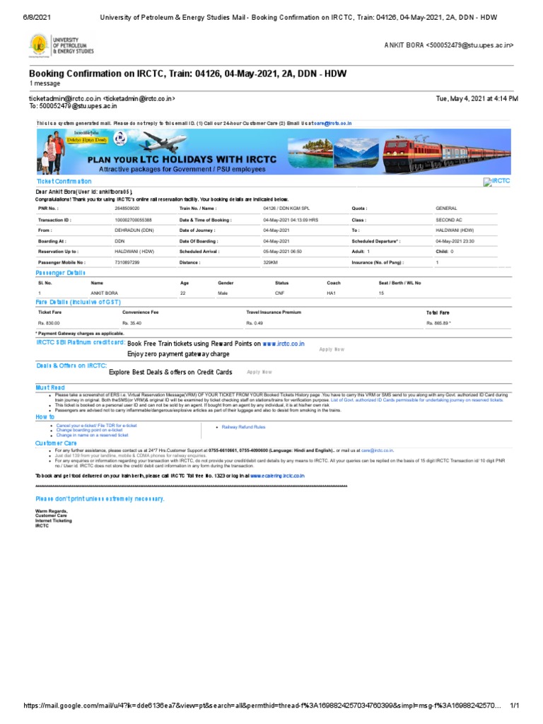 Booking Confirmation On IRCTC, Train: 04126, 04-May-2021, 2A, DDN - HDW ...