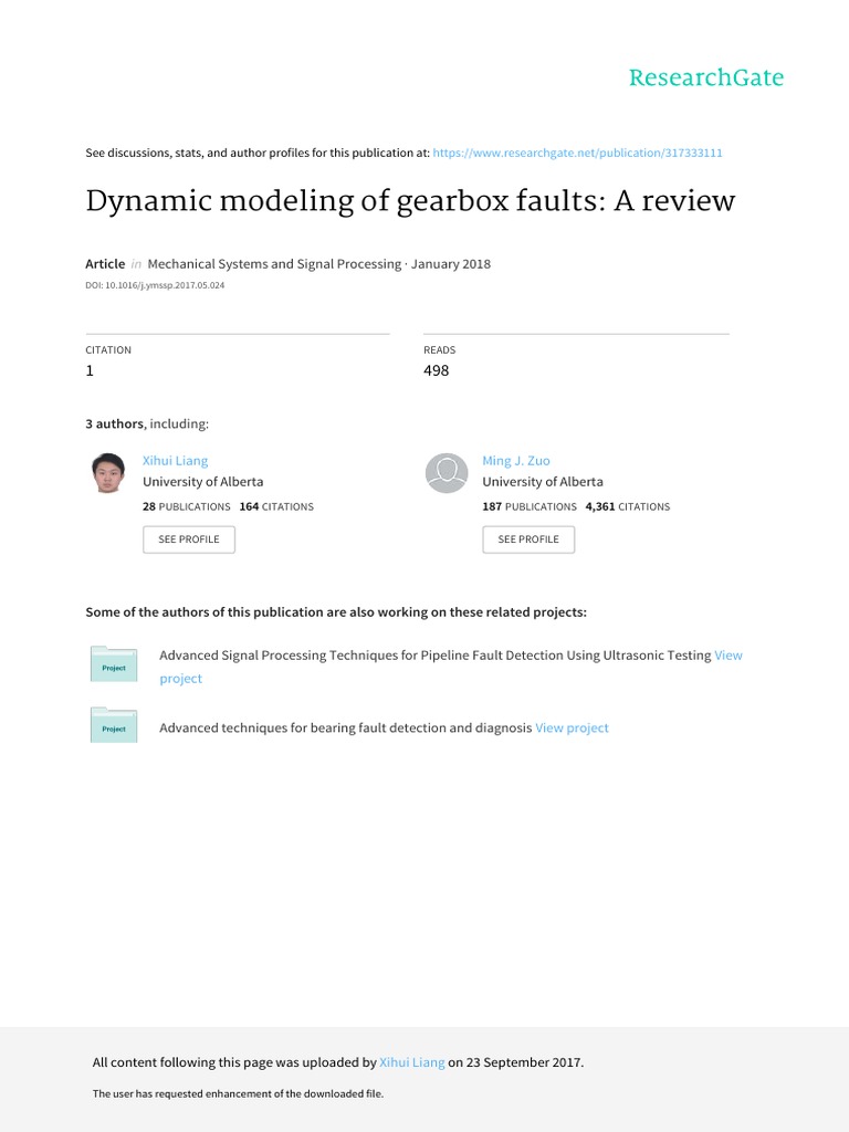 Dynamic Modeling of Gearbox Faults: A Review: Mechanical Systems and Signal Processing January ...