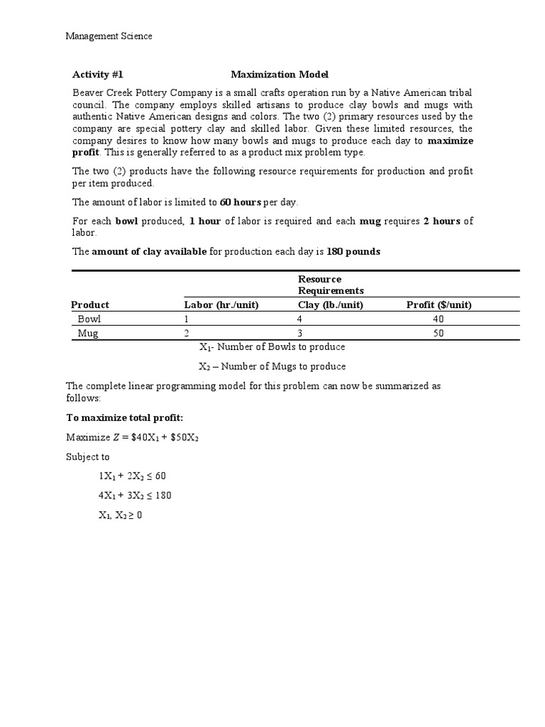 Activity #1 Maximization Model: Management Science | PDF | Fertilizer