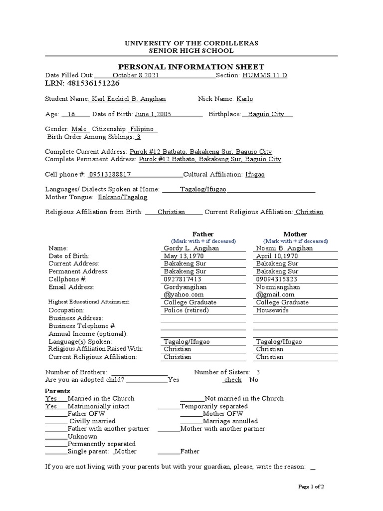Personal Information Sheet: University of The Cordilleras Senior High ...
