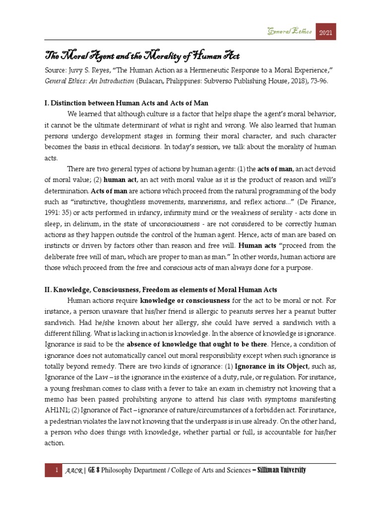 The Moral Agent and The Morality of Human Act | PDF | Reason | Morality