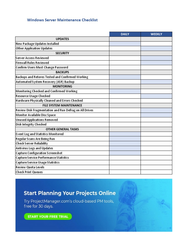 Server Maintenance Checklist Template ProjectManager FD CM | PDF | Backup | Server (Computing)