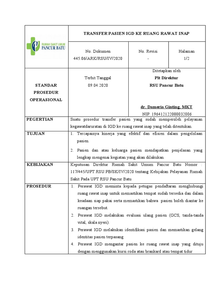 Prosedur Transfer Pasien IGD ke Rawat Inap | PDF