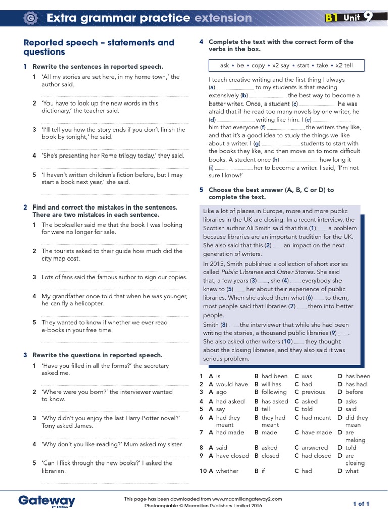 B1 UNIT 9 Extra Grammar Practice Extension | PDF | Books | Writers