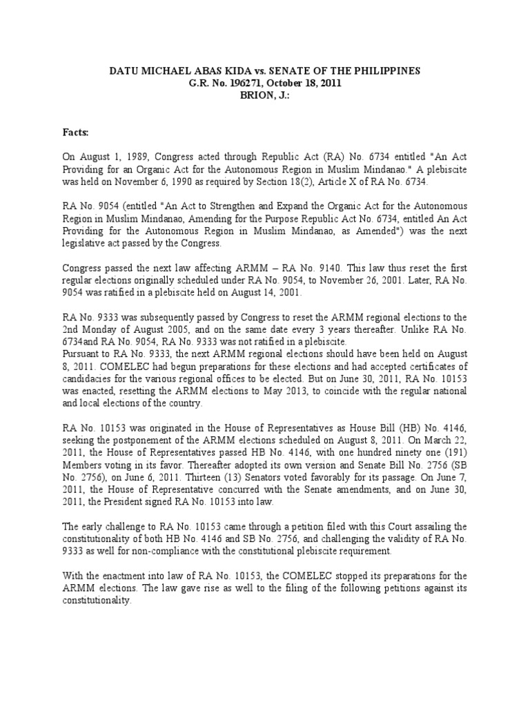 Datu Michael Abas Kida vs. Senate of The Philippines G.R. No. 196271 ...