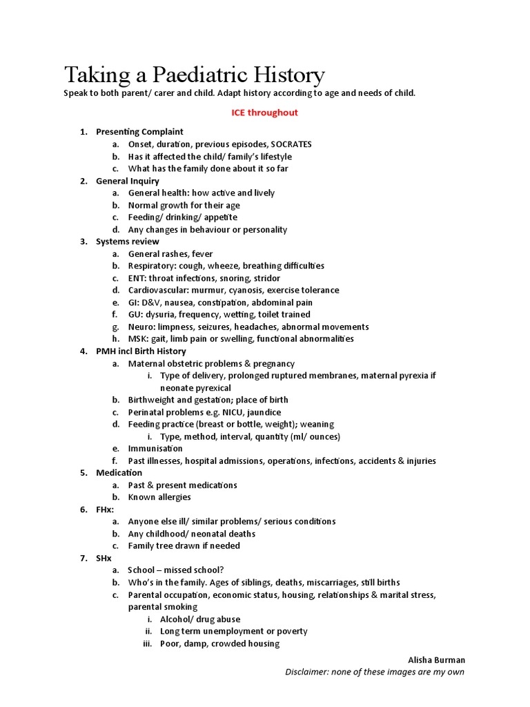 Taking A Paediatric History | PDF | Heart | Medical Specialties