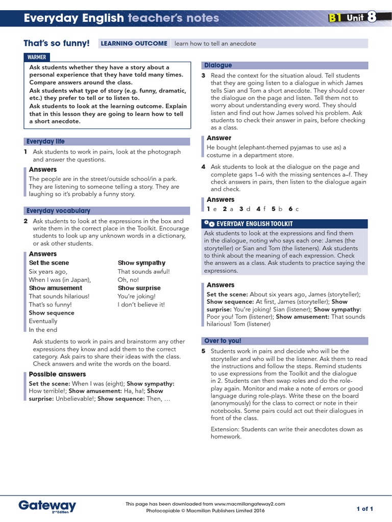 B1 UNIT 8 Everyday English Teacher's Notes | PDF | Cognitive Science ...