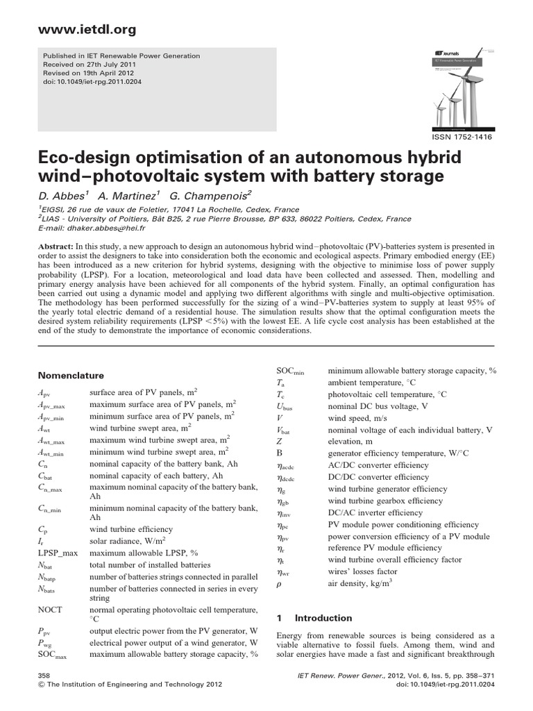 Eco-Design Optimisation of An Autonomous Hybrid | PDF | Photovoltaics ...