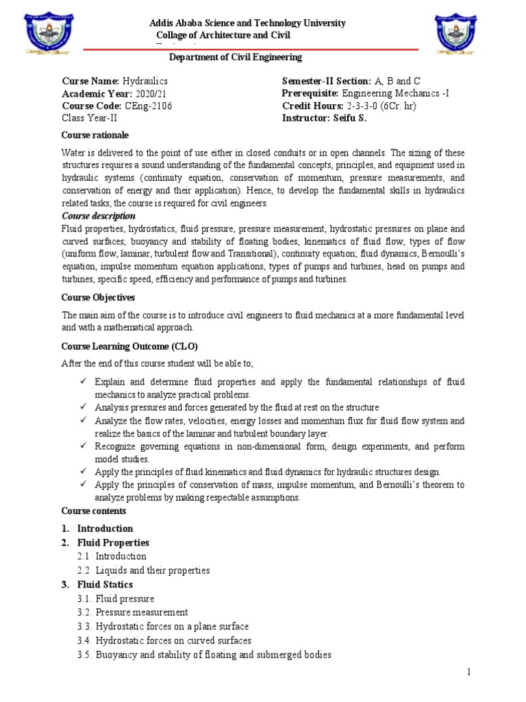 Course Outline AASTU - 2021 | Download Free PDF | Fluid Dynamics | Pressure